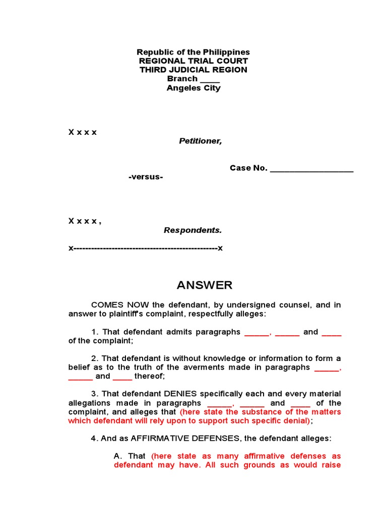 Answer: Republic of The Philippines Regional Trial Court Third Judicial ...