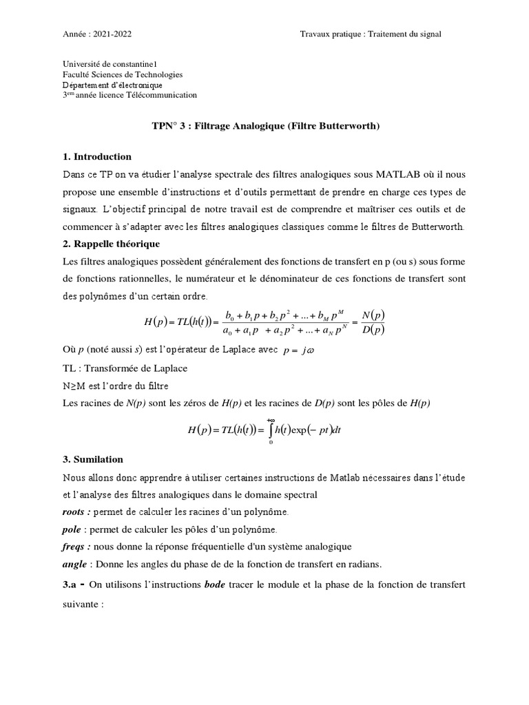 Filtrage Analogique : Étude Butterworth | PDF | Filtre (électronique ...
