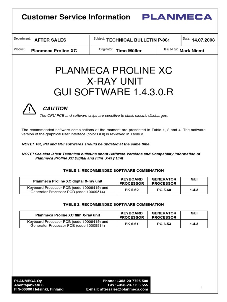 Planmeca Proline XC X-Ray Unit GUI SOFTWARE 1.4.3.0.R: Customer Service ...