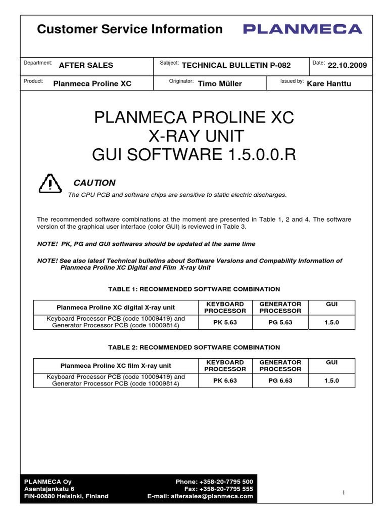 Planmeca Proline XC X-Ray Unit GUI SOFTWARE 1.5.0.0.R: Customer Service ...