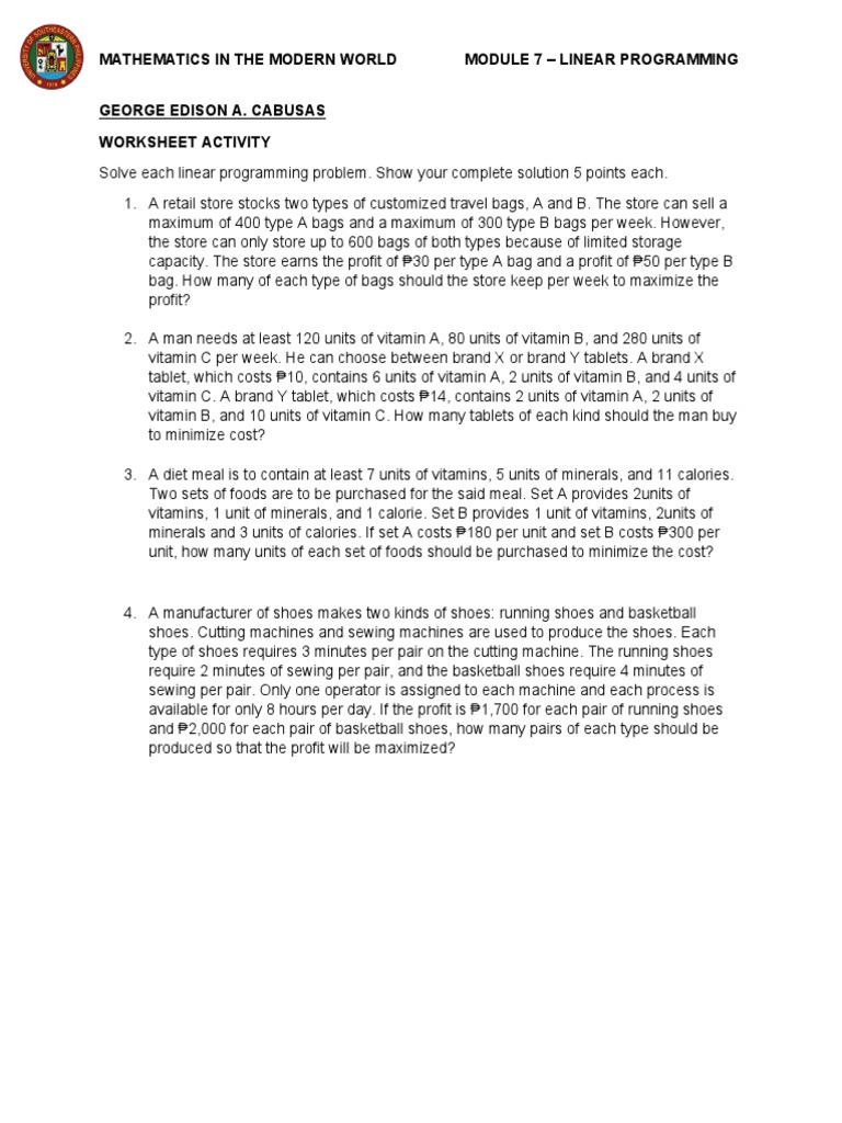 Mathematics in The Modern World Module 7 - Linear Programming | PDF ... Mathematics in The Modern World Module 7 - Linear Programming | PDF ...