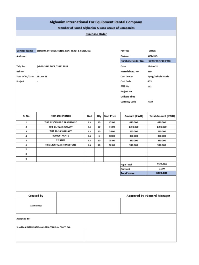 Purchase Order for Tires and Rims from Sharma International General ...