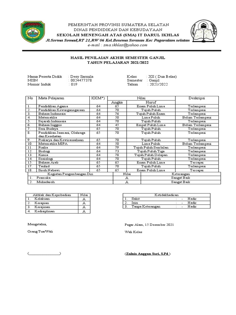 Rapot Kelas 12 Desi Sarmila | PDF