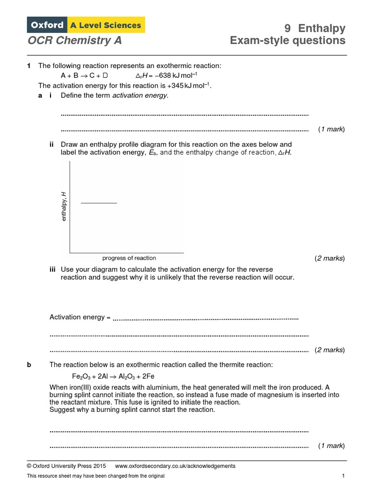 OCR Chemistry A: 9 Enthalpy Exam-Style Questions | PDF | Chemical ...