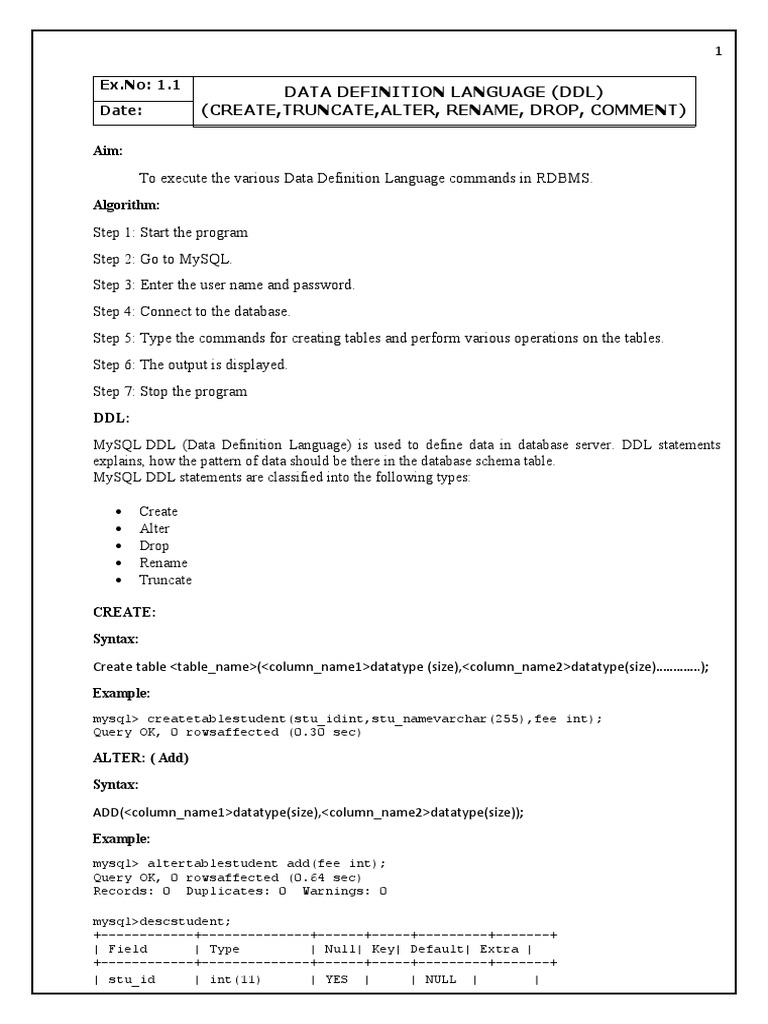 Data Definition Language Ddl Create Truncate Alter Rename Drop Comment Download Free