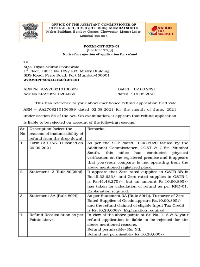 FORM-GST-RFD-08 Notice For Rejection of Application For Refund ...