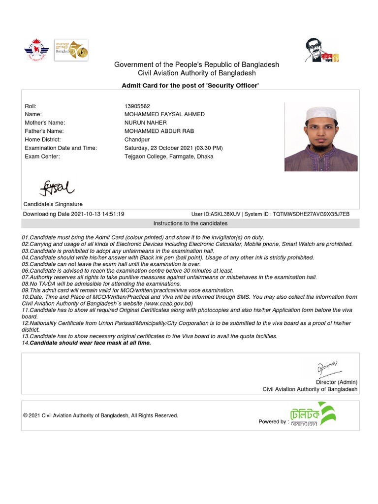 CAAB Security Officer Admit Card 2021 | PDF | Mobile Technology