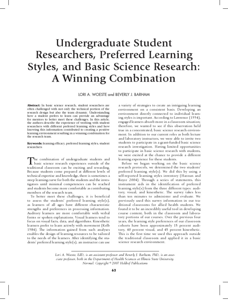 Undergraduate Student Researchers, Preferred Learning Styles, and Basic ...