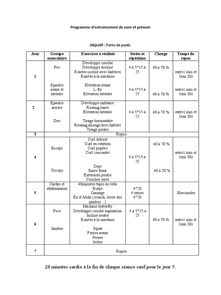 Programme d'entraînement perte de poids | PDF | Forme physique | Sports ...