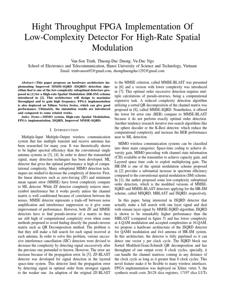 Hight Throughput Fpga Implementation Of Low Complexity Detector For High Rate Spatial Modulation
