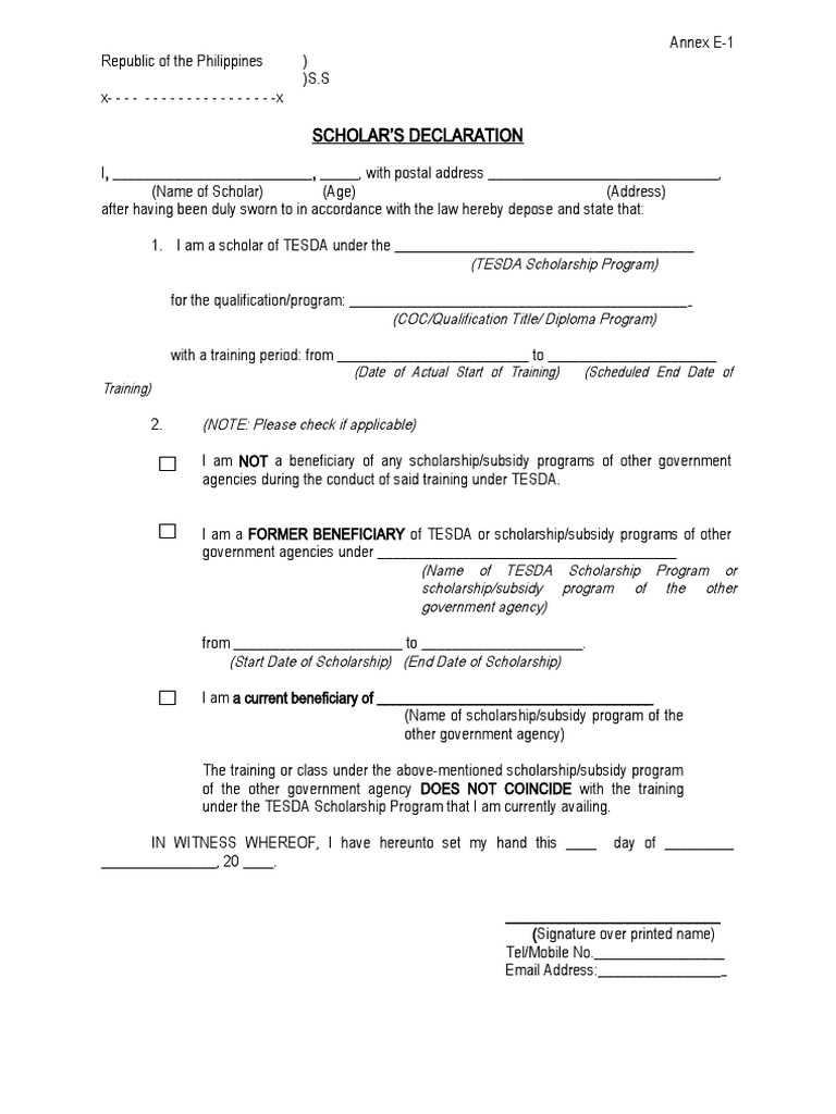 Scholar'S Declaration: (Date of Actual Start of Training) (Scheduled ...