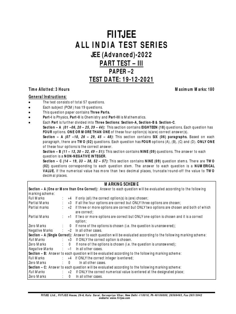 Fiitjee: All India Test Series | PDF | Coordination Complex | Gases