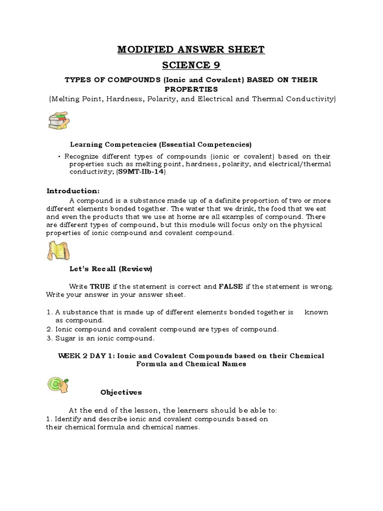 Modified Answer Sheet Scie 9 | PDF | Chemical Compounds | Anode