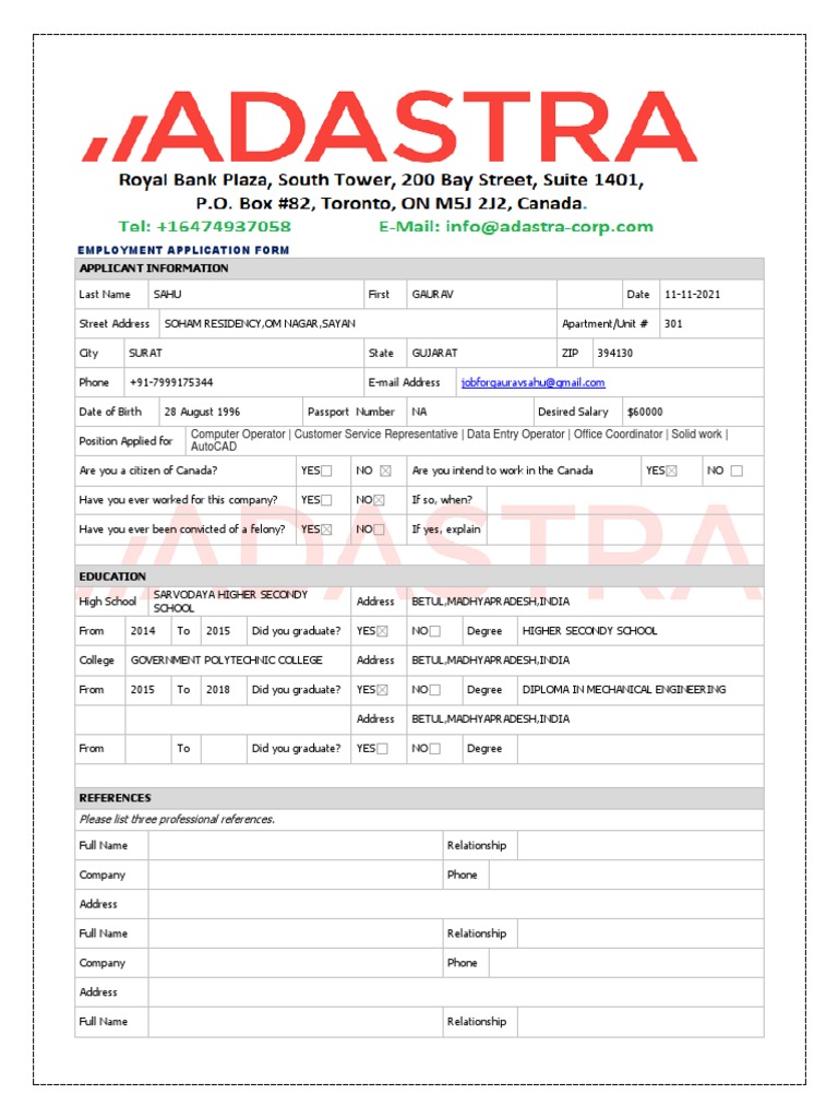 Adastra Corporation Application Form | PDF