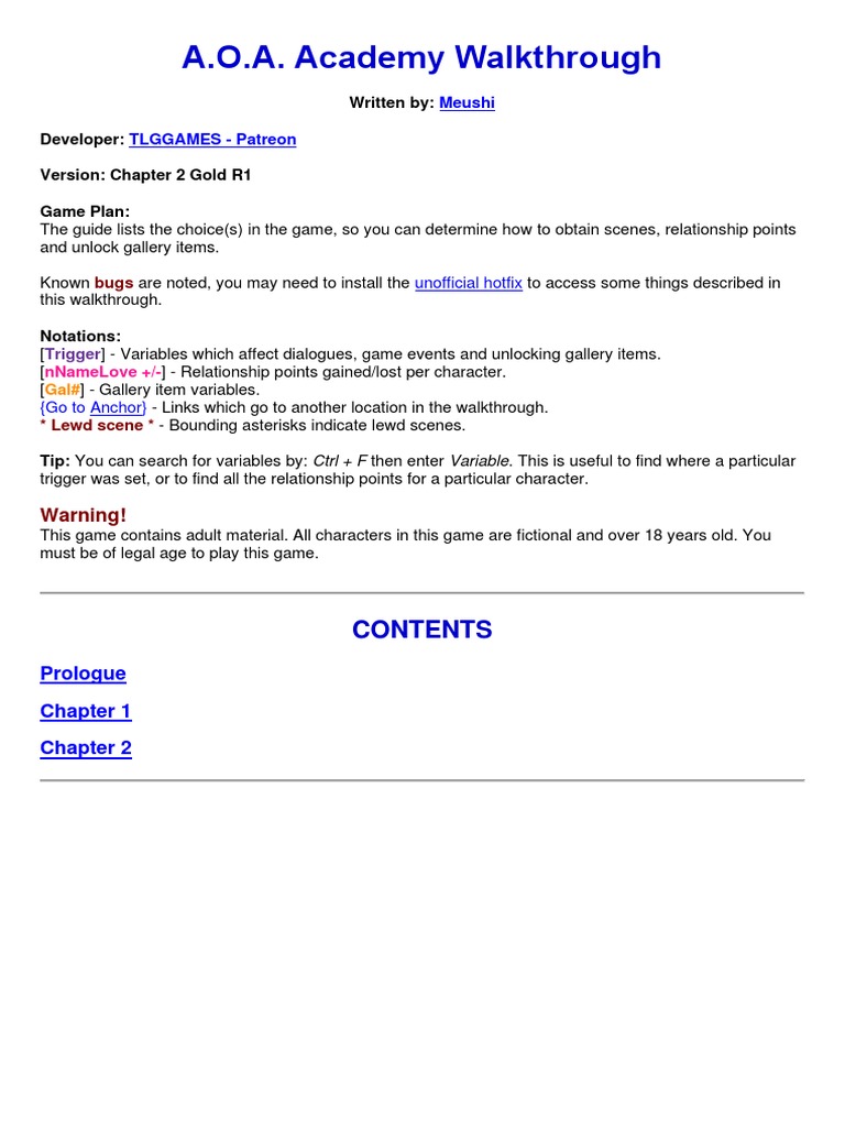 A.O.A. Academy Walkthrough: Meushi TLGGAMES - Patreon | PDF