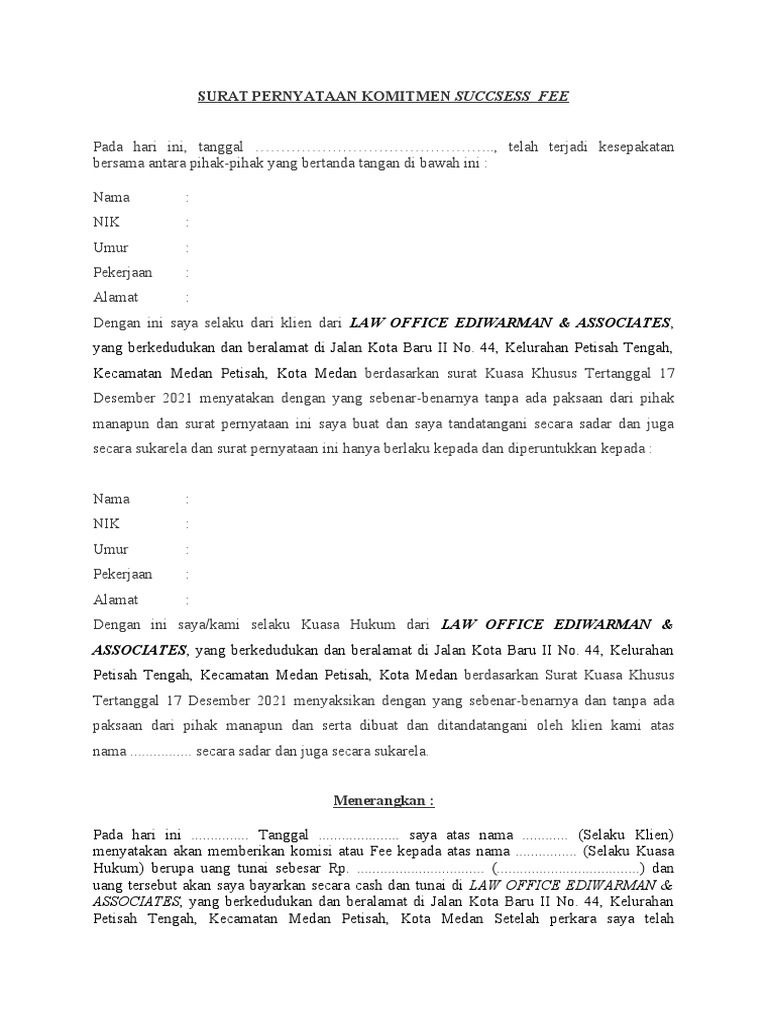 Surat Pernyataan Komitmen Succsess Fee | PDF