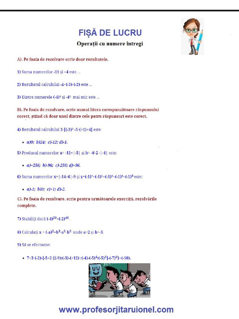 Fisa de Lucru Operatii Cu Numere Intregi | PDF