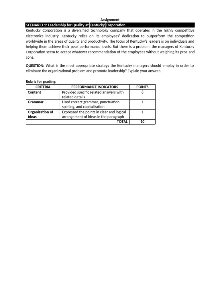 SCENARIO 1: Leadership For Quality at Kentucky Corporation: Assignment ...
