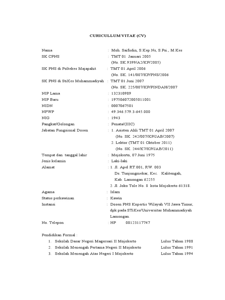 CV Pemateri Saifudin M Kep. | PDF