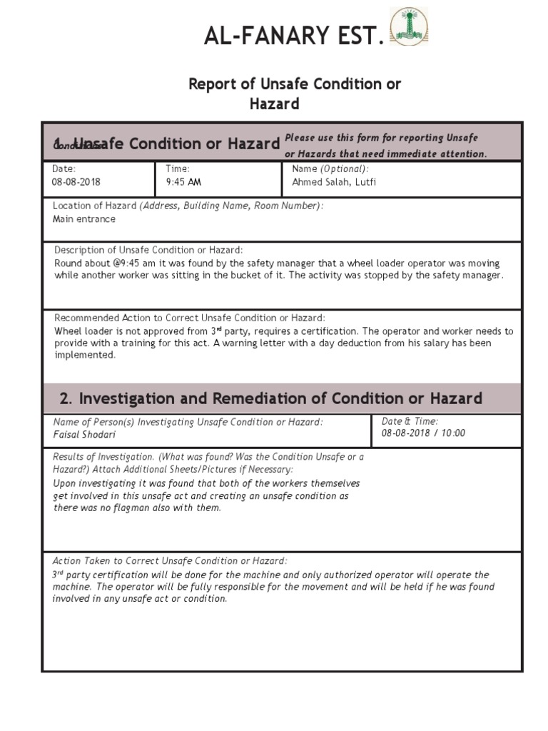 Al-Fanary Est.: Report of Unsafe Condition or Hazard 1. Unsafe ...