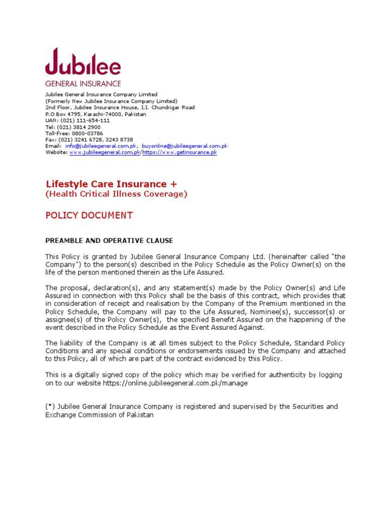 Lifestyle Care Insurance + Policy Document: Jubilee General Insurance's ...