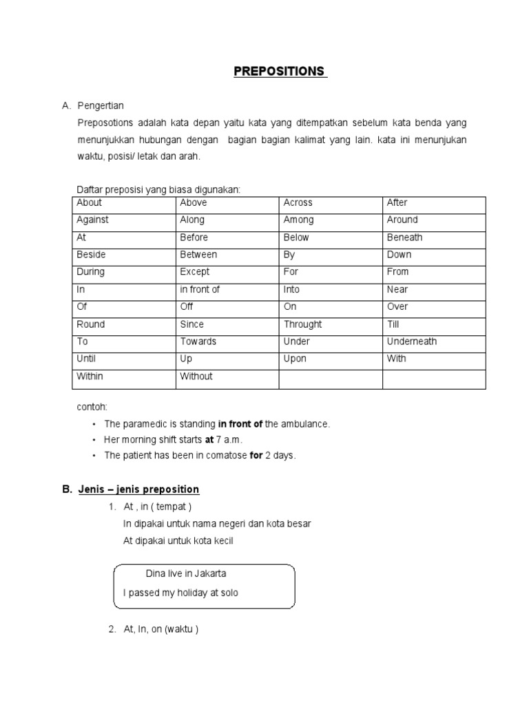 Prepositions: B. Jenis - Jenis Preposition | PDF