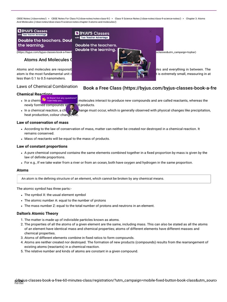 Atoms and Molecules Class 9 Notes - Chapter 3 Highlights212350 | PDF ...