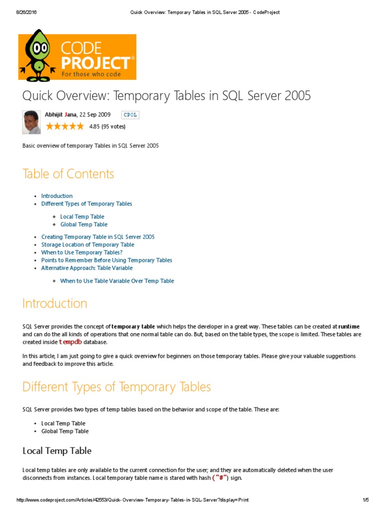 Quick Overview - Temporary Tables in SQL Server 2005 - CodeProject | PDF | Microsoft Sql Server ...