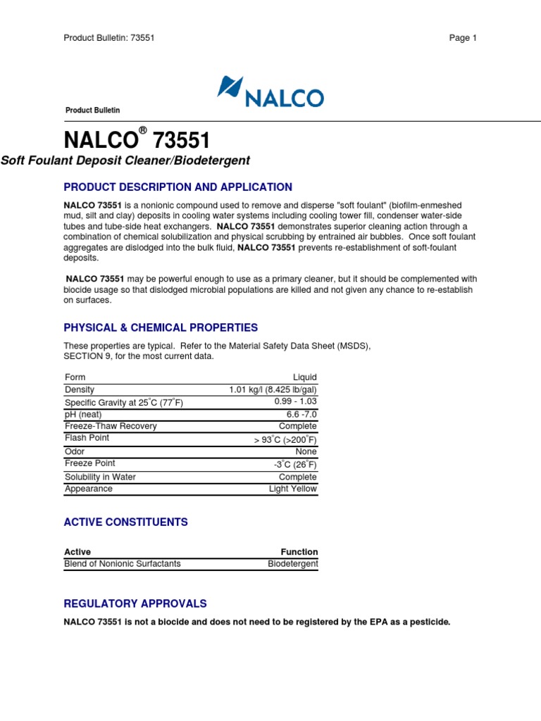 Nalco 73551: Soft Foulant Deposit Cleaner/Biodetergent | Download Free PDF | Heat Exchanger | Water