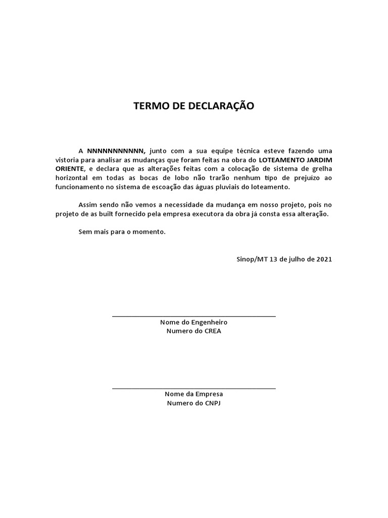 TERMO DE DECLARAÇÃO - Funcionabilidade Jardim Oriente | PDF