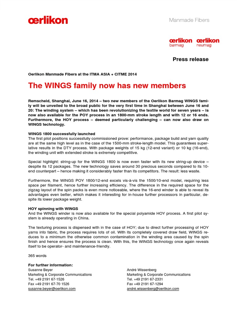 The WINGS Family Now Has New Members: Press Release | PDF | Textiles