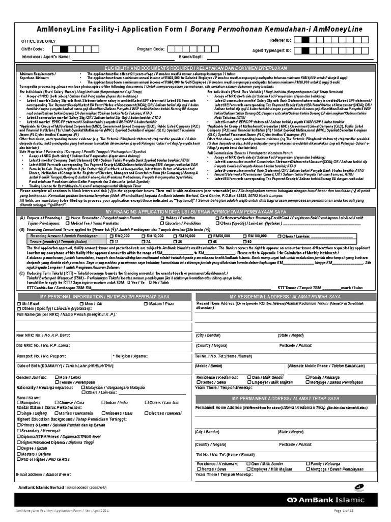 Ammoneyline Facility-I Application Form / Borang Permohonan Kemudahan-I Ammoneyline | Descargar ...