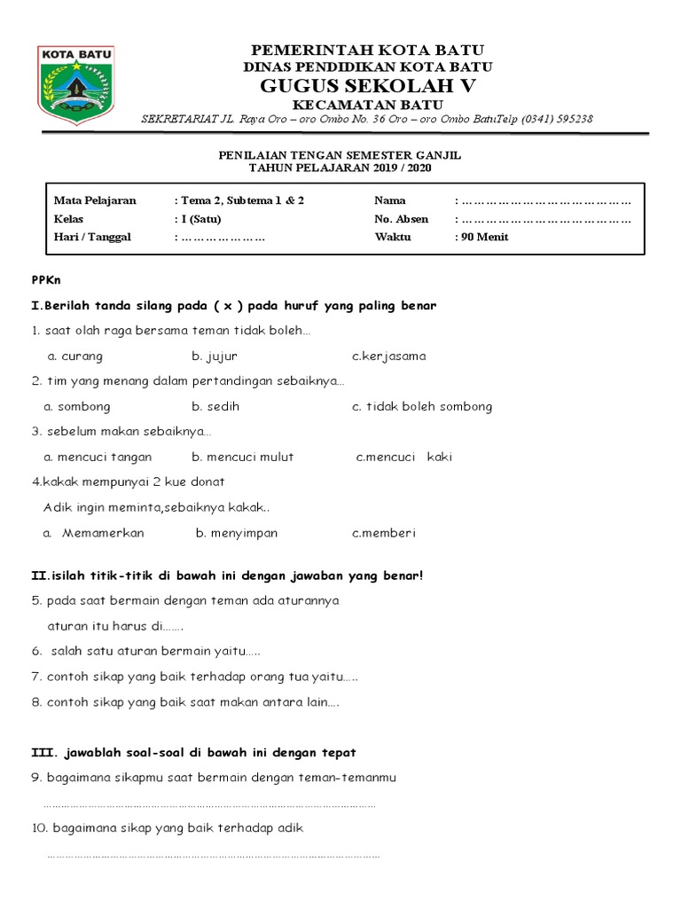 Kelas 1 - Tema 2 Sub 1,2 | PDF