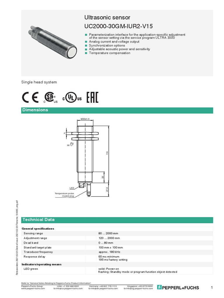 Ultrasonic Sensor UC2000-30GM-IUR2-V15: Dimensions | PDF | Electrical ...