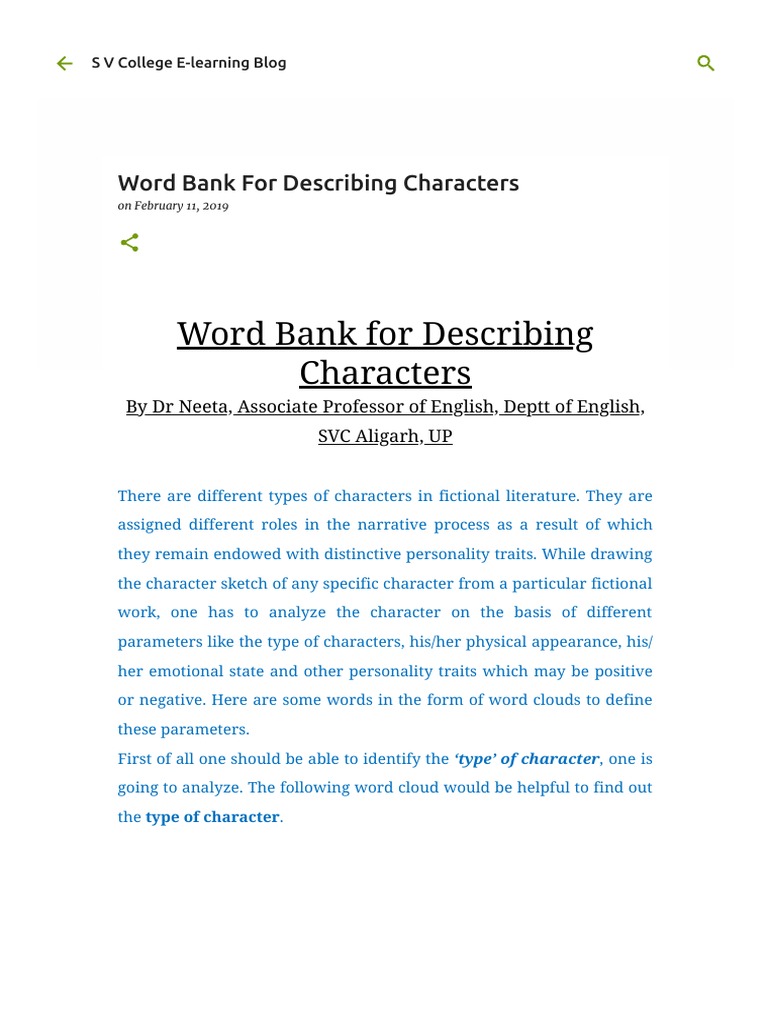 Character Description Word Bank | PDF
