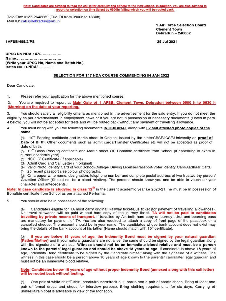 Call Up Letter 1 Afsb Dehradun For Nda 147 Course | PDF | Identity ...