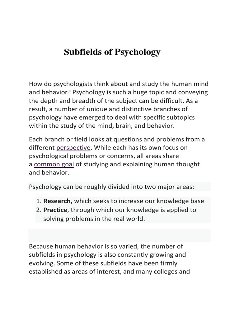 Subfields of Psychology | PDF | Psychology | Behavioral Neuroscience