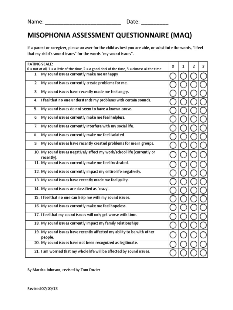 Misophonia Assessment Questionnaire (Maq) : Name: - Date | PDF | Senses ...