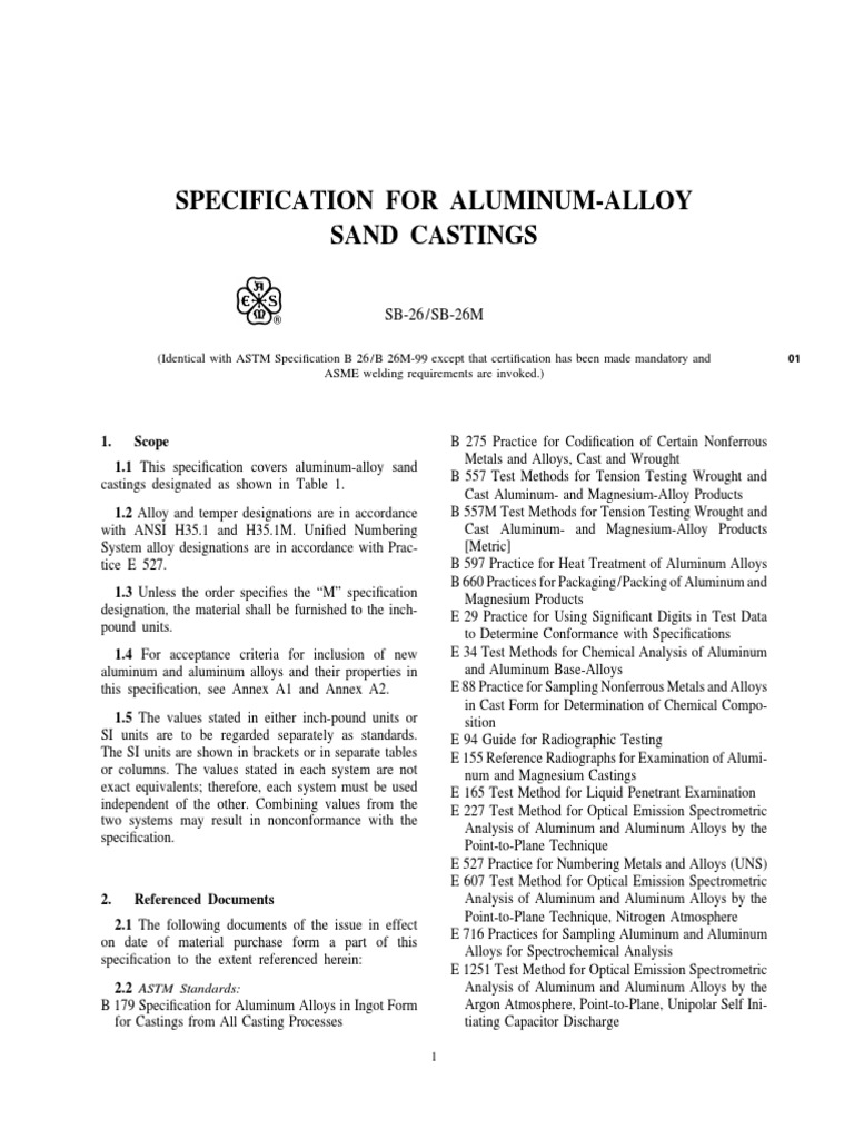 Specification For Aluminum-Alloy Sand Castings: SB-26 /SB-26M | PDF ...
