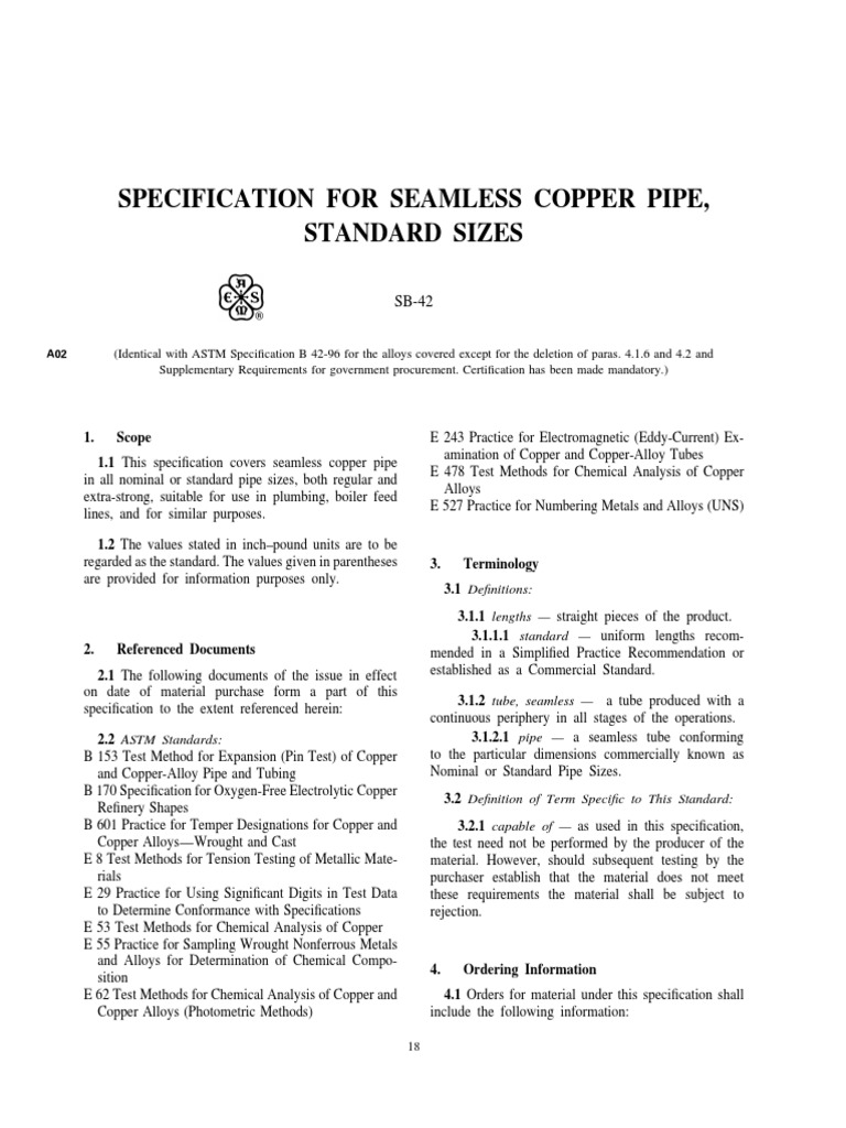 Specification For Seamless Copper Pipe, Standard Sizes | PDF ...
