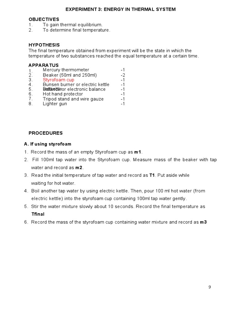 Styrofoam Cup: Experiment 3: Energy in Thermal System Objectives | PDF ...