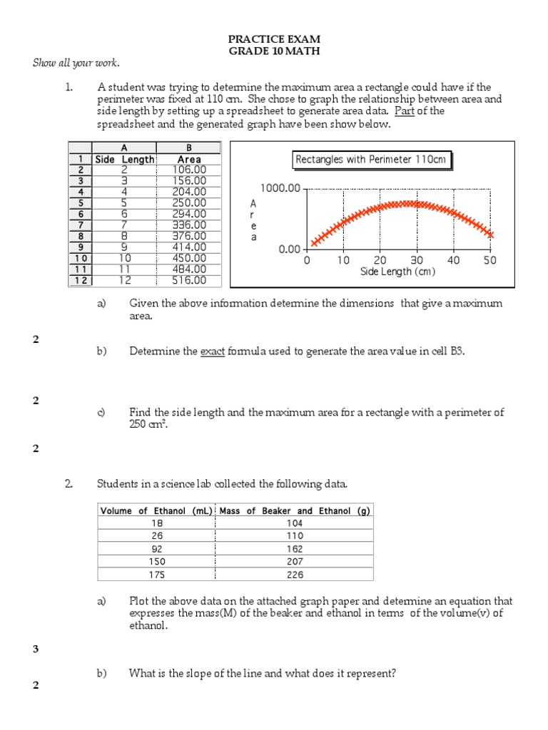 Show All Your Work.: Practice Exam Grade 10 Math | PDF | Area | Mathematics