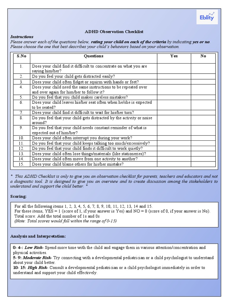 ADHD Observation Checklist VPVTqa9 | PDF | Attention Deficit ...