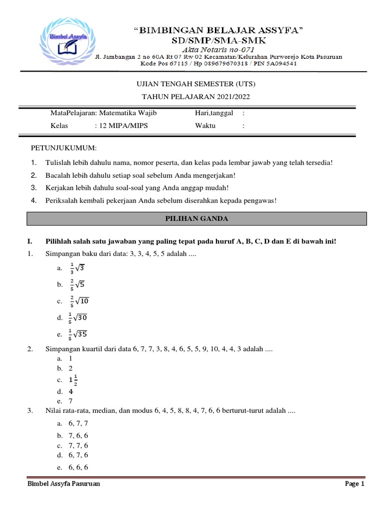 Uts MTK Wajib Kelas 12 | PDF