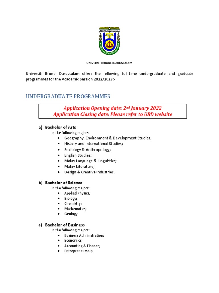 UBD - Programmes Offer For BDGS 2022-2023 | PDF | Bachelor's Degree ...