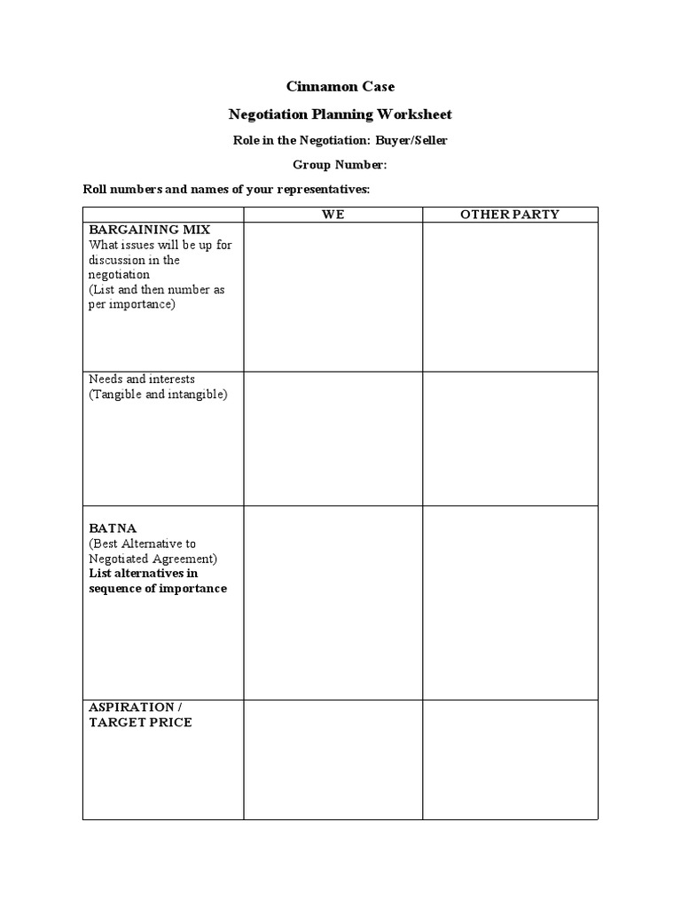 Negotiation Planning Worksheet Cinnamon Case | PDF