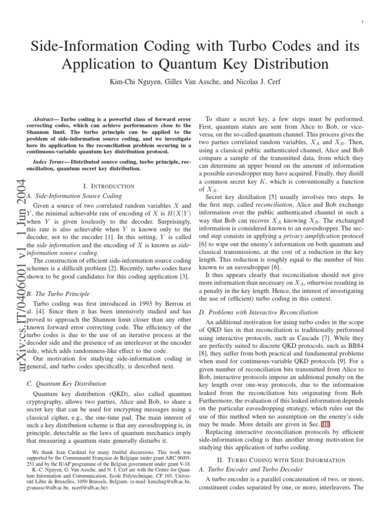 Side-Information Coding With Turbo Codes and Its Application To Quantum Key Distribution | PDF ...