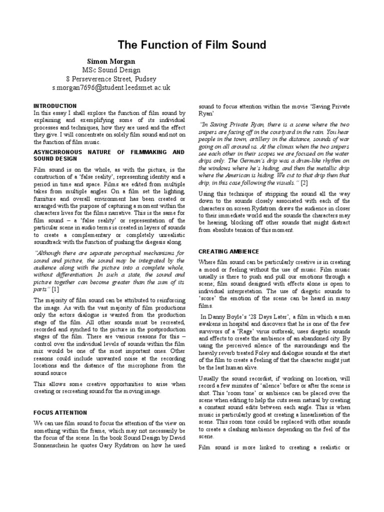 Functions of Film Sound Simon Morgan2 | PDF | Sound | Narration