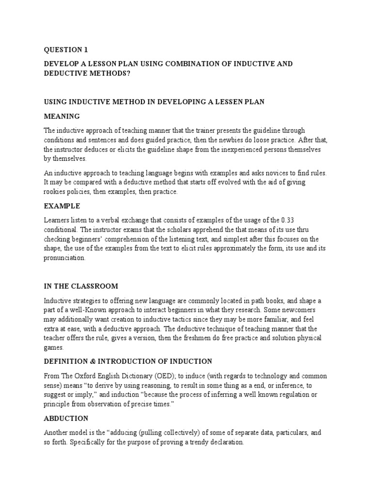 Develop A Lesson Plan Using Combination of Inductive and Deductive ...