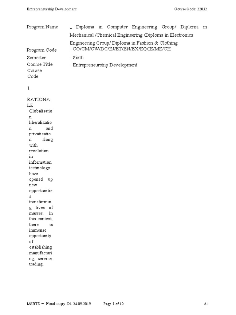 Entrepreneurship Development Course Code: 22032: Final Dt. 1 | Download ...